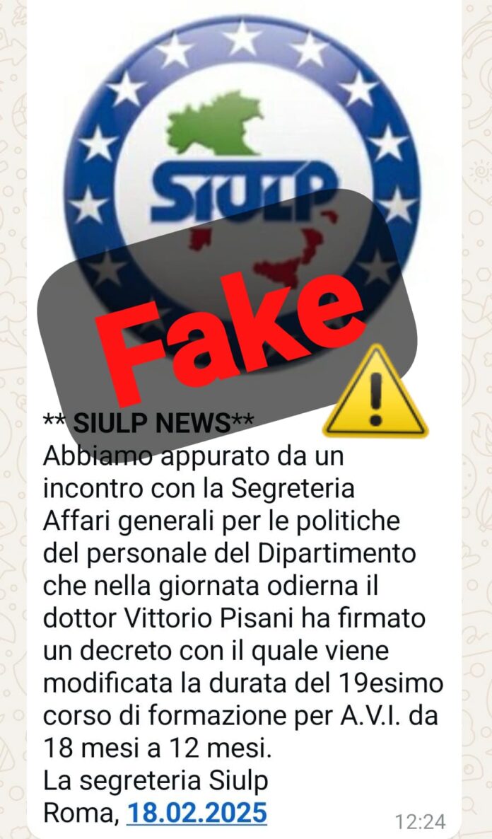 Notizia FAKE su modifica la durata del 19° corso vice ispettore. - SIULP