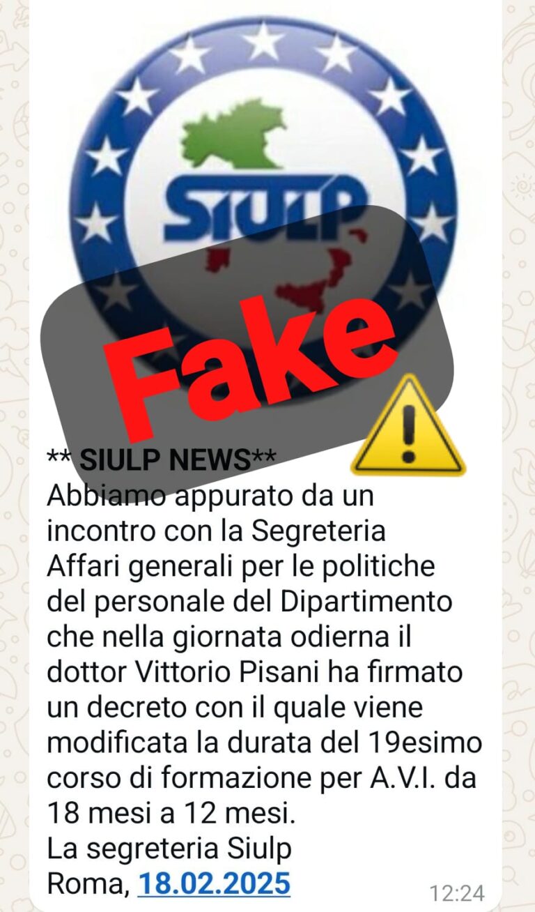Notizia FAKE su modifica la durata del 19° corso vice ispettore. - SIULP